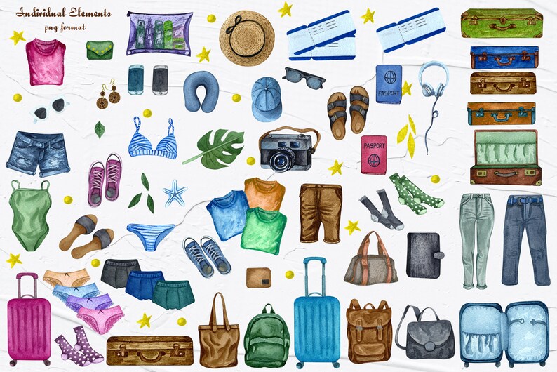 Travel Watercolor Clipart. Summer Holiday Vacation Clipart | Etsy