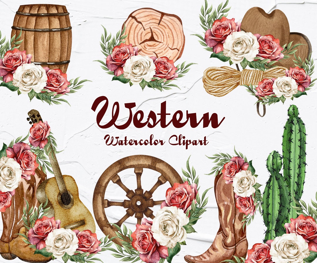Western Watercolour Clipart. Rose Cowboy Boots Clipart. Country Clipart ...