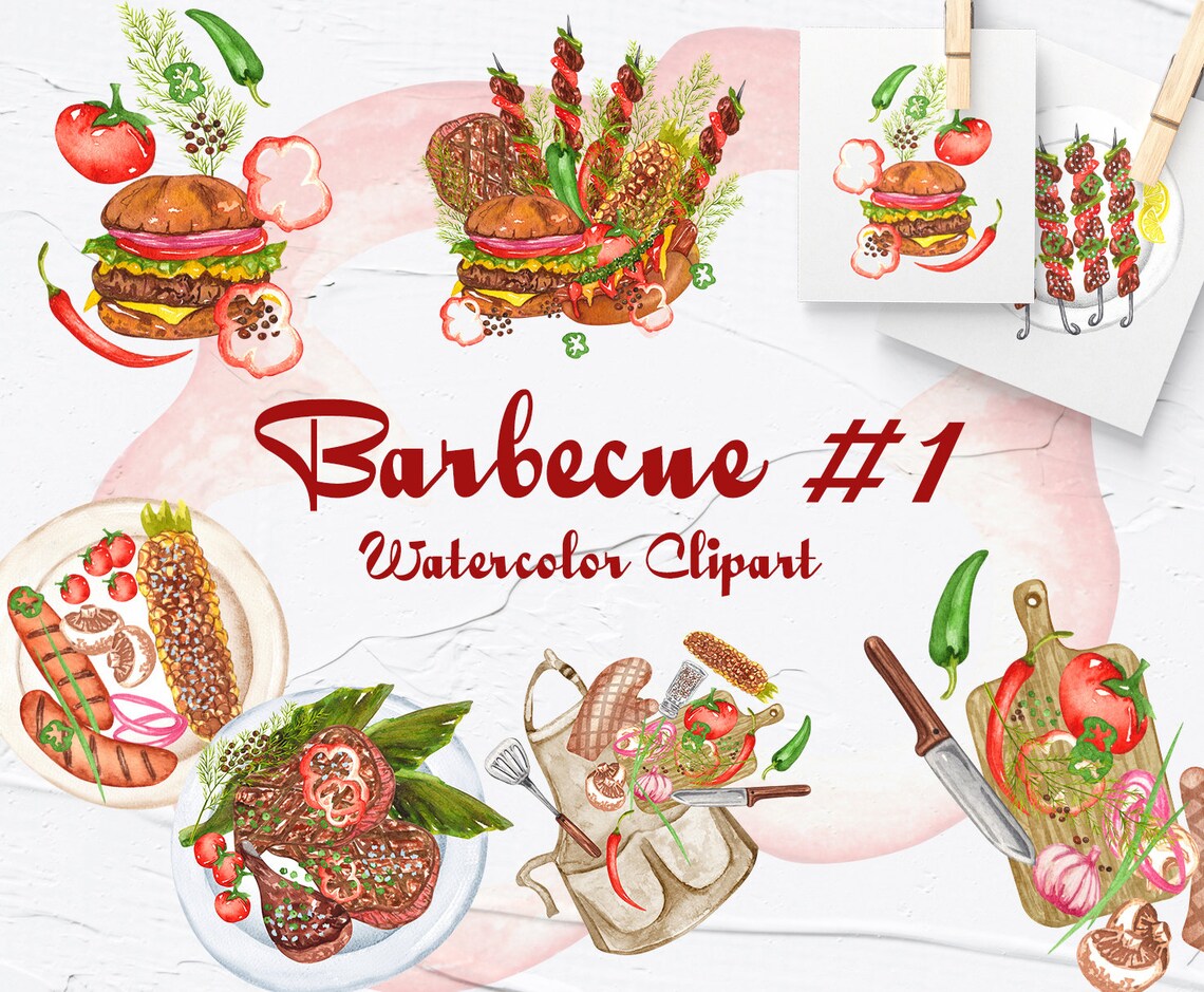 BBQ Watercolor Clipart. Summer Picnic Clipart. Cooking - Etsy