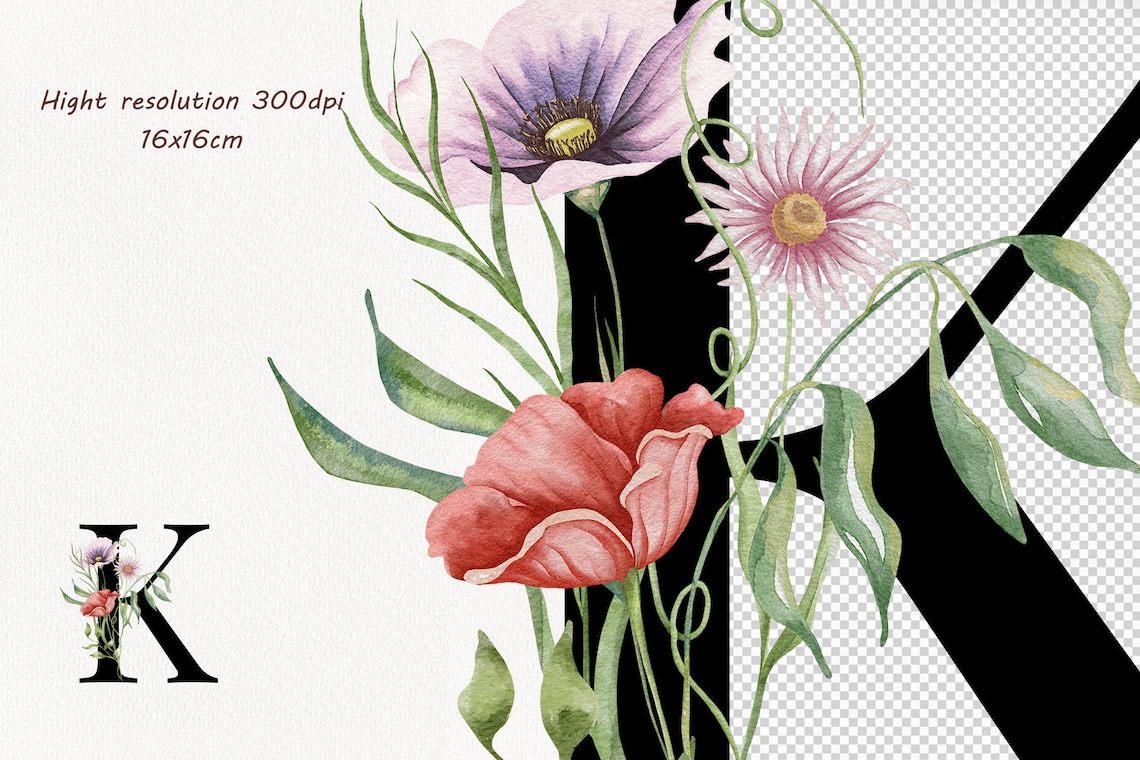Wild Floral Alphabet Clipart. Wild Flowers Numbers Watercolor Spring ...