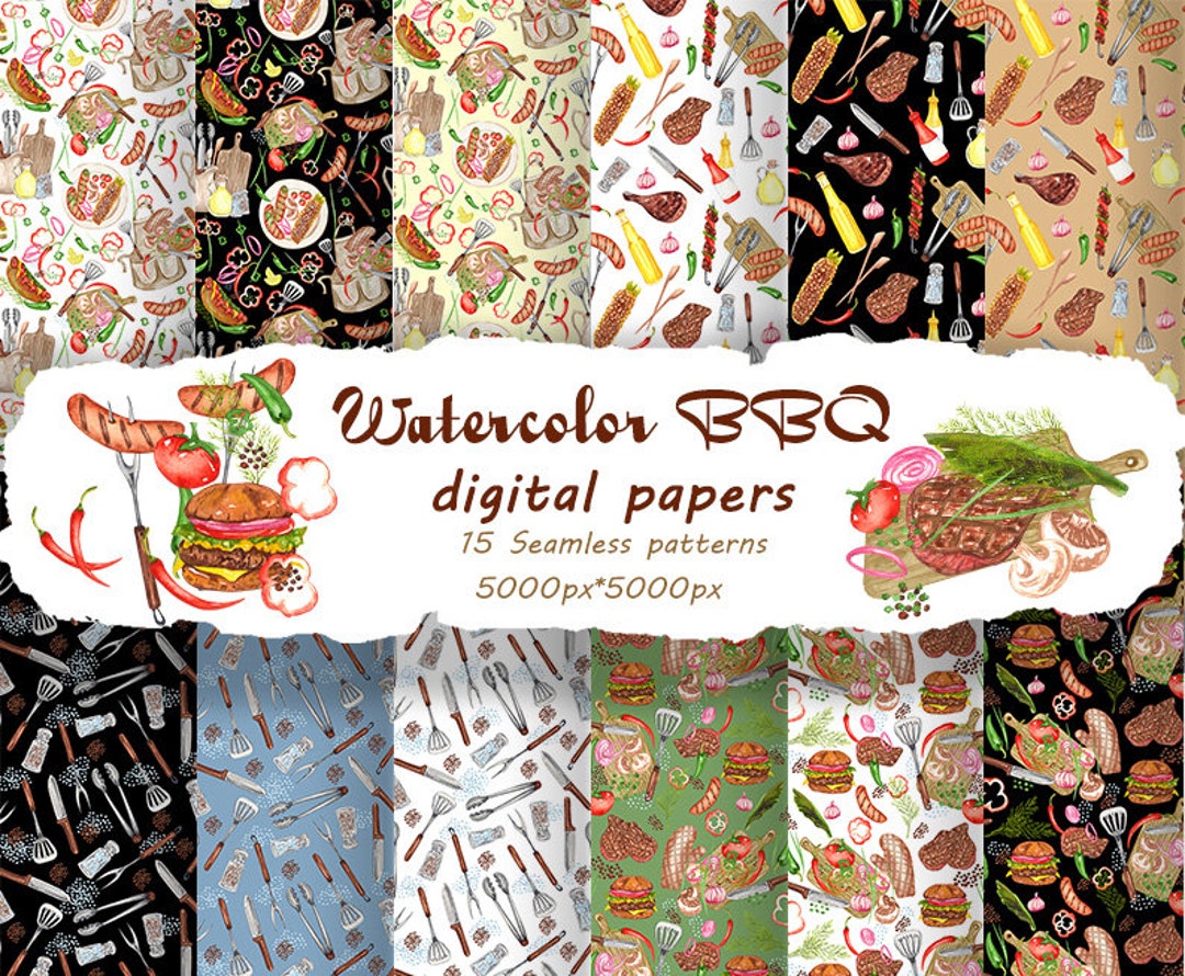 BBQ Digital Papers. Watercolor Picnic Background. Barbeque Walpapers ...