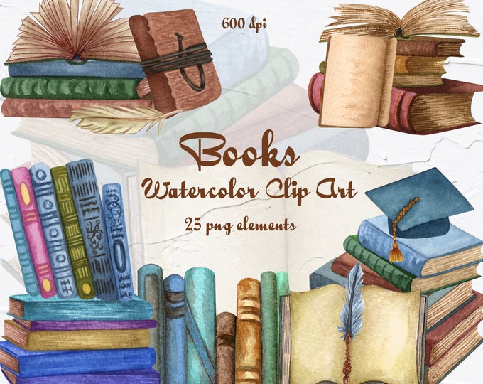 Watercolor Vintage Books Clipart. Reading Clipart. Stack of Books ...