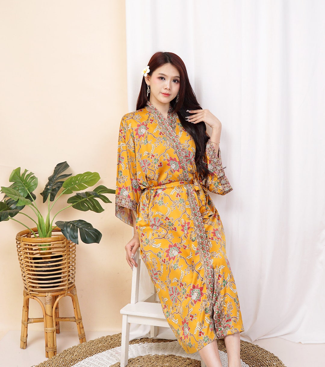 Gold Silk Robe Kimono for Woman Yellow Plus Size Robe Silk Blend Bali ...