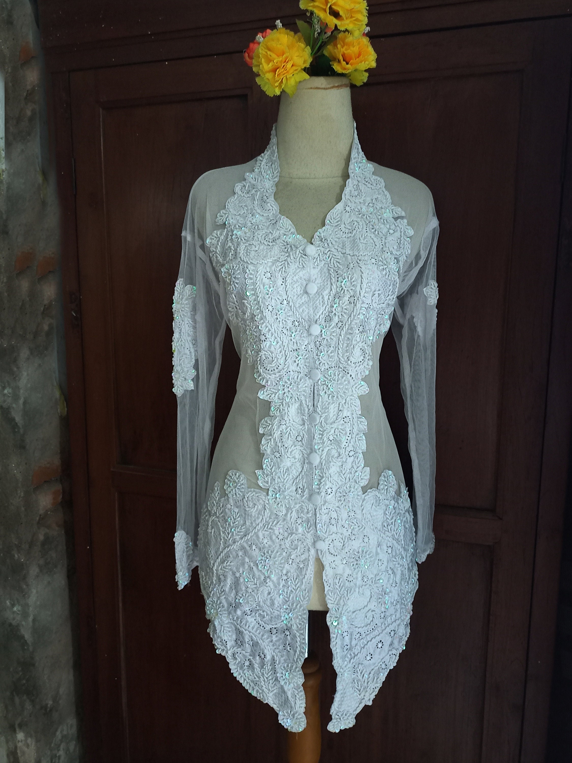 Kebaya Wedding White, Kebaya Tulle Transparent, Kebaya Sequins Size S ...