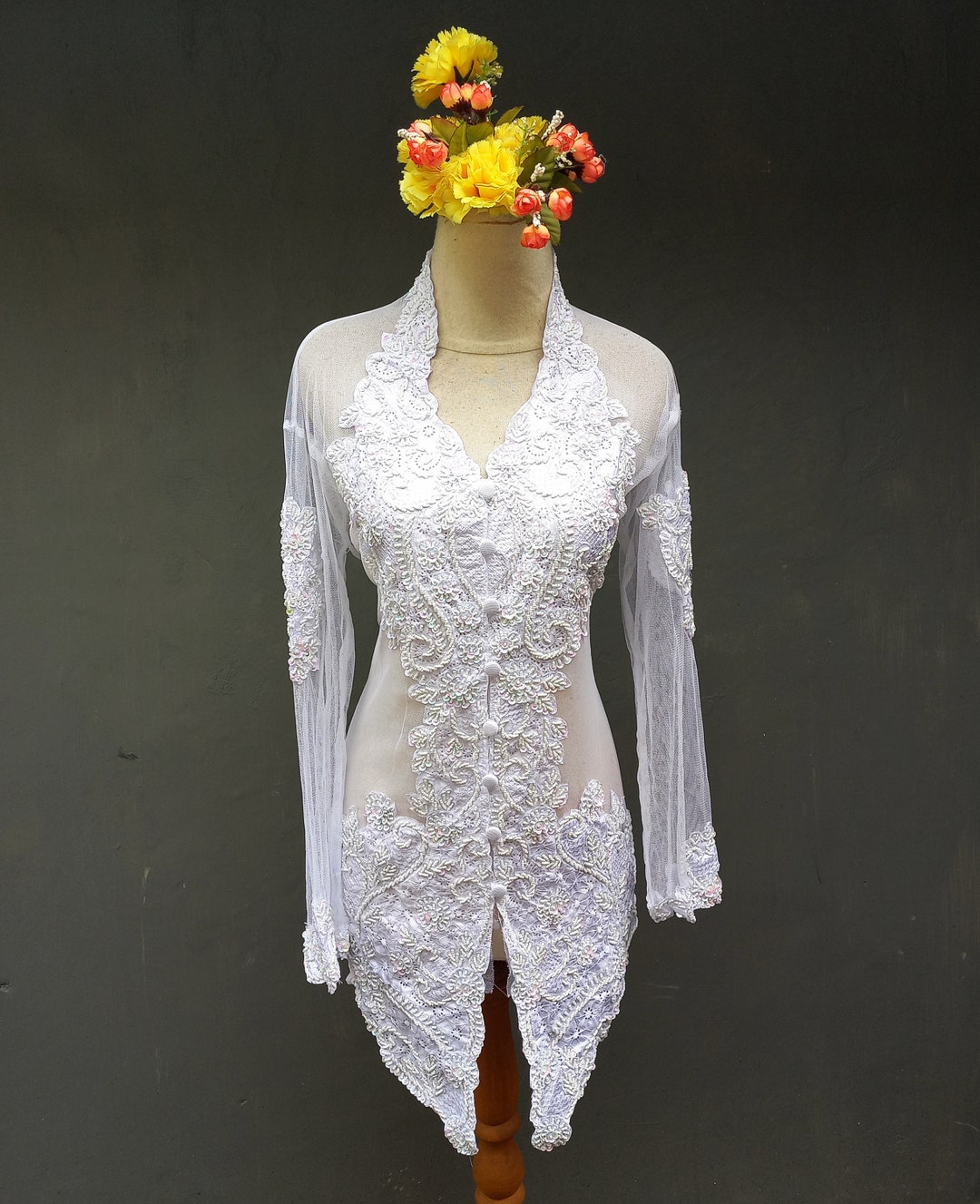 Kebaya Wedding White, Kebaya Tulle Transparent, Kebaya Sequins Size S ...