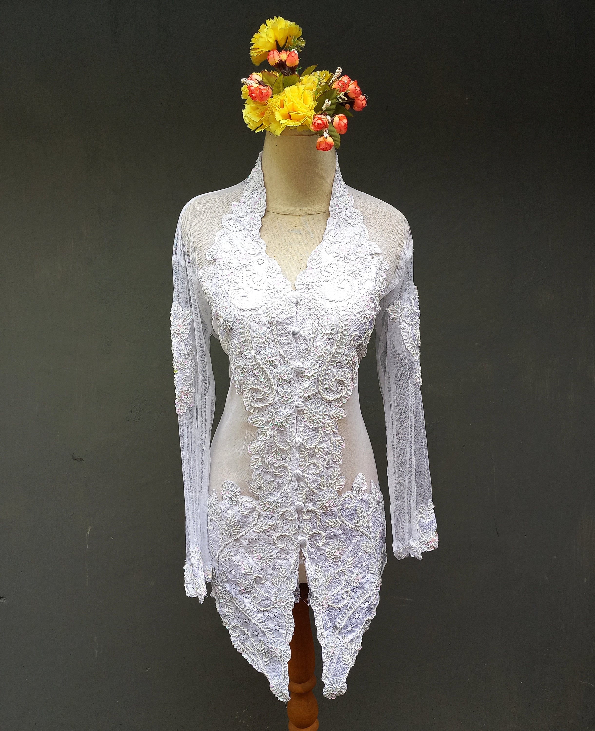 Kebaya Wedding White, Kebaya Tulle Transparent, Kebaya Sequins Size S ...