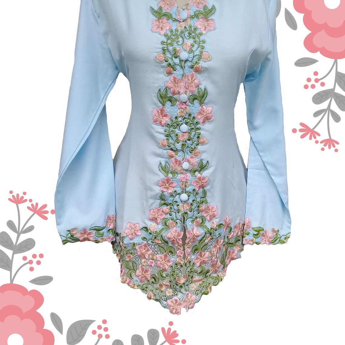 Kebaya Embroidery Blue, Kebaya Nyonya, Kebaya Cotton, Size M,l,xl, 2L ...