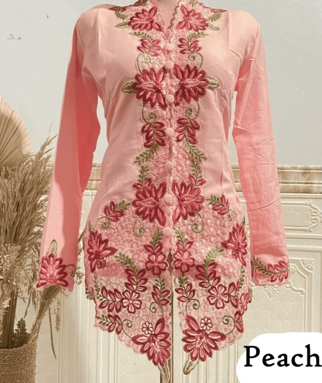 Peach Kebaya Nyonya Dress: Embroidered Cotton Floral Kebaya - Etsy