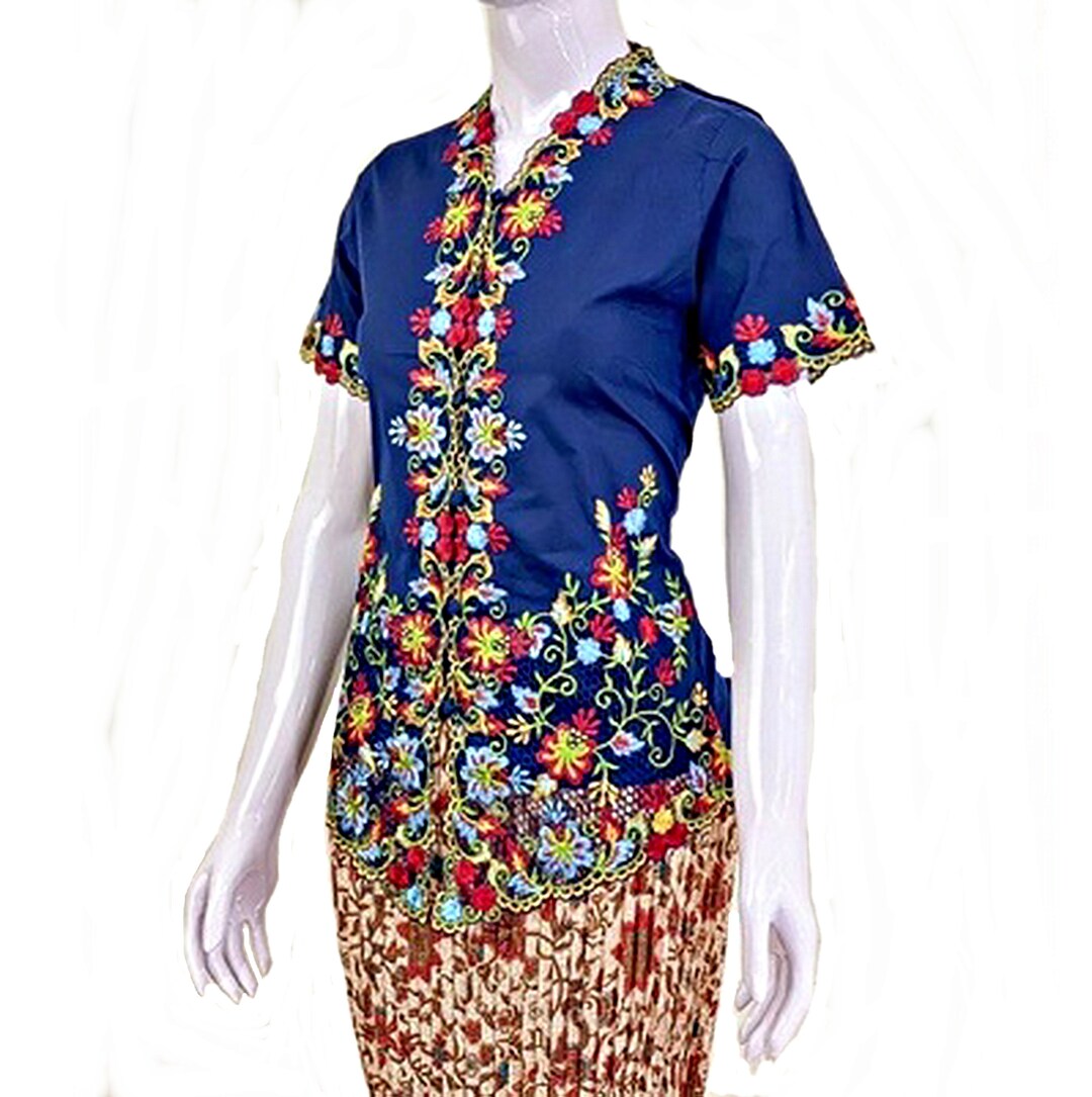 Kebaya Short Sleeve Navy, Kebaya Dress Strech Cotton, Kebaya Nyonya ...