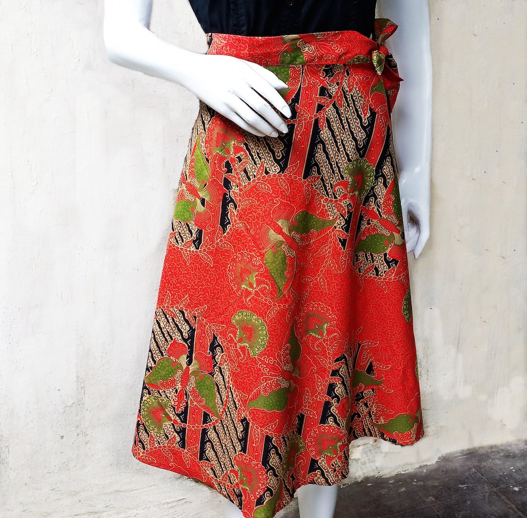 Red Batik Wrap Skirt, Floral Cotton Midi Skirt, Batik Skirt, Printed Batik Skirt - Etsy