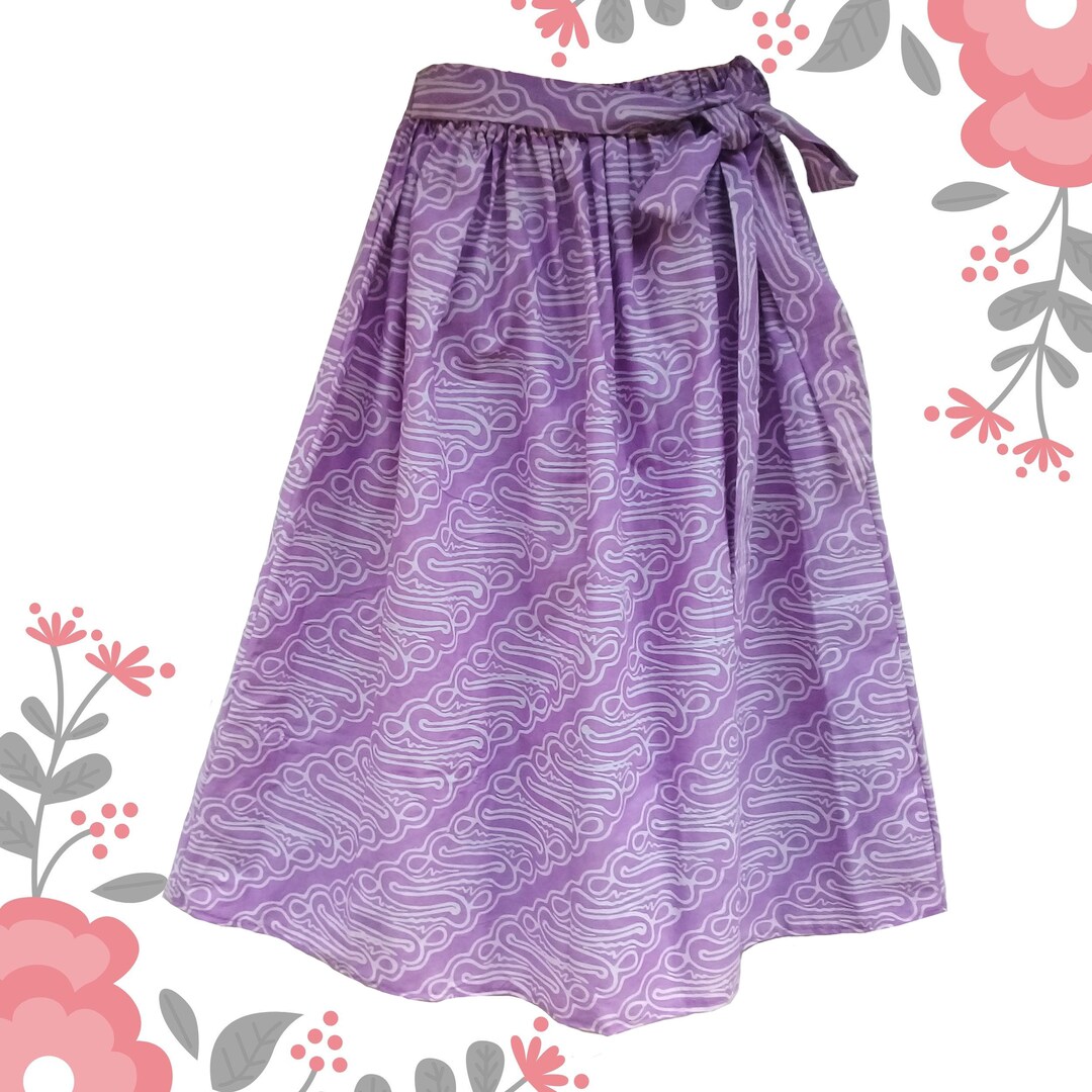 Lilac Batik Long Skirt With Sash Belt, High Waist Skirt, Mid Calf Skirt ...