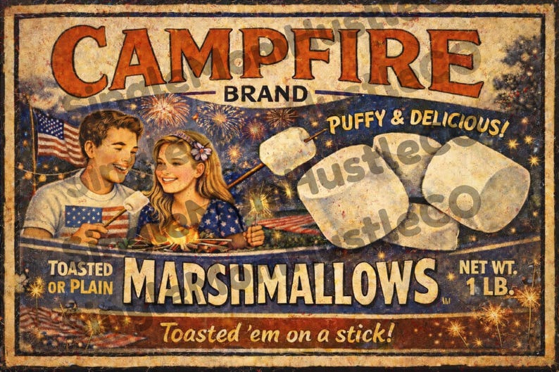 Retro Campfire Marshmallow Label PNG | Patriotic 4th of July Art ...
