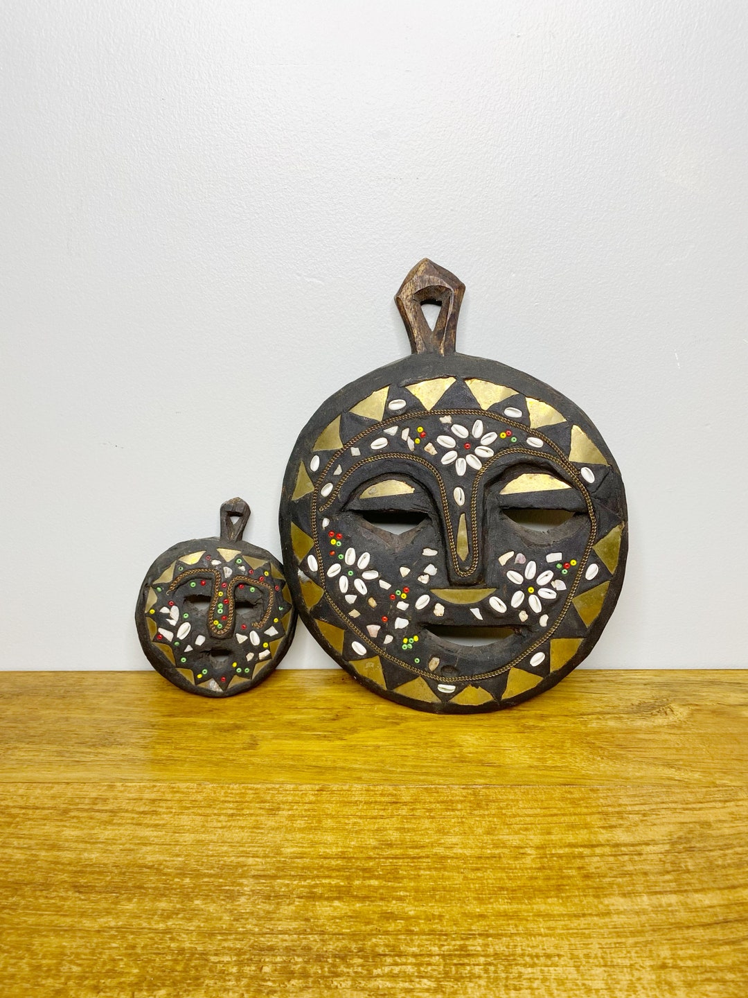Vintage Set of African Hand Carved Mask, African Shell and Brass Art - Etsy
