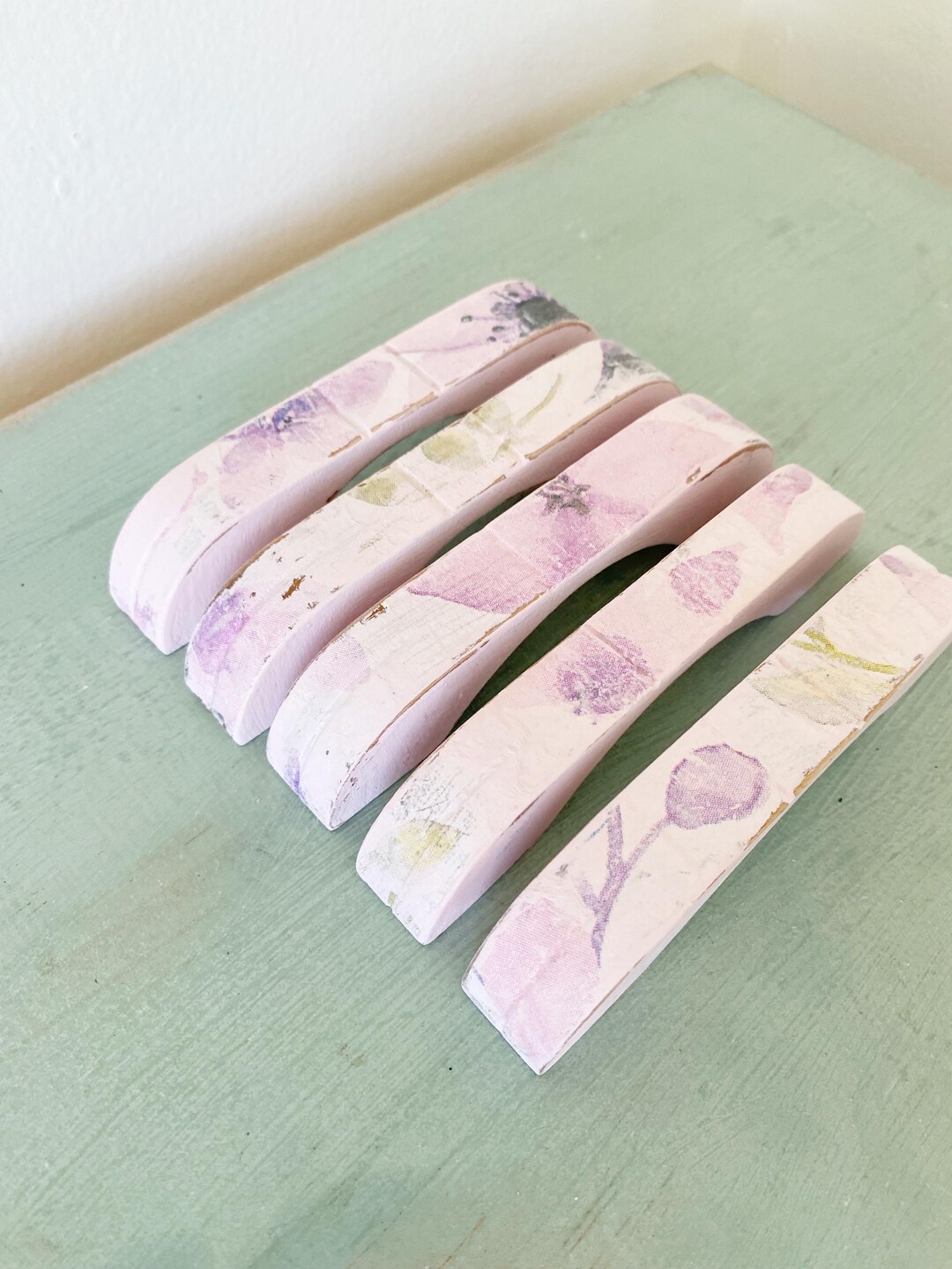 Hand Painted Pink Floral Handle Set, Spring Decor Wooden Handles ...