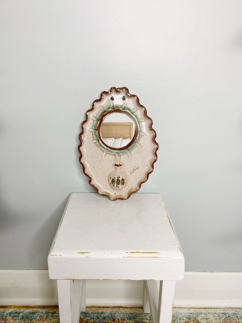 Signed Adia Pottery Mirror With Leather Cord, Vintage Ceramic Wall ...