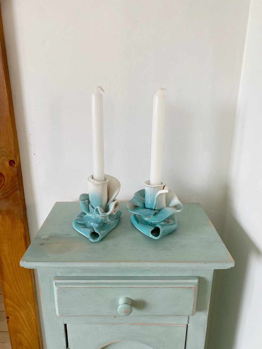 Blue Tulip Pottery Candle Holders, Shabby Chic Candle Holders, Ceramic ...