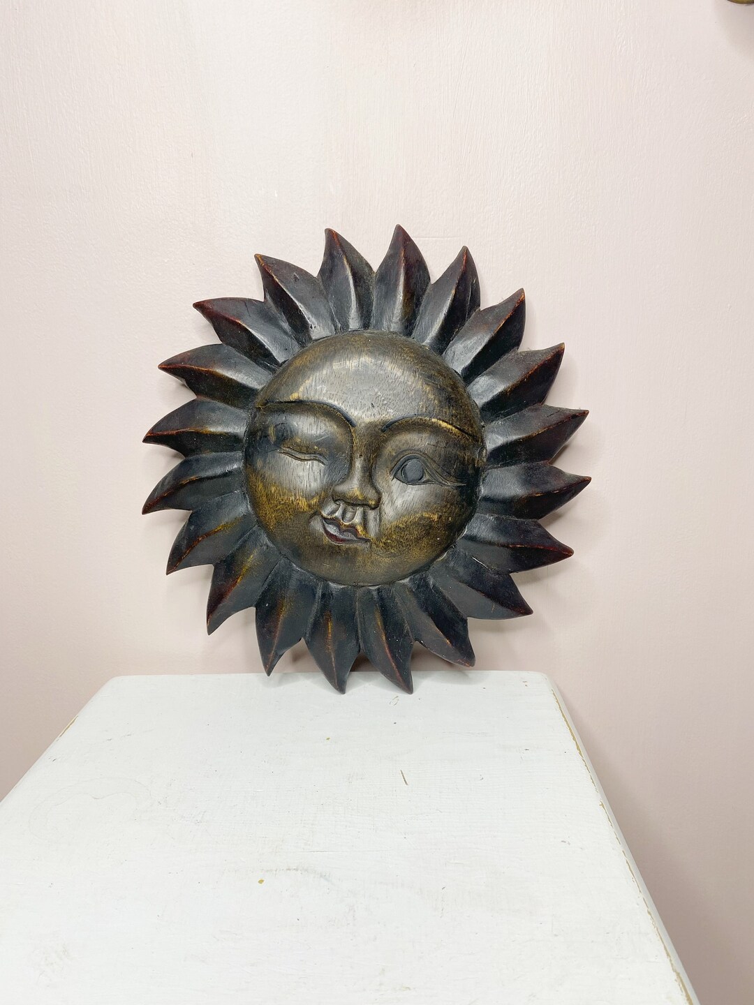Wooden Carved Sun Wall Hanging, Winking Happy Sun Face, Boho Sun Art - Etsy