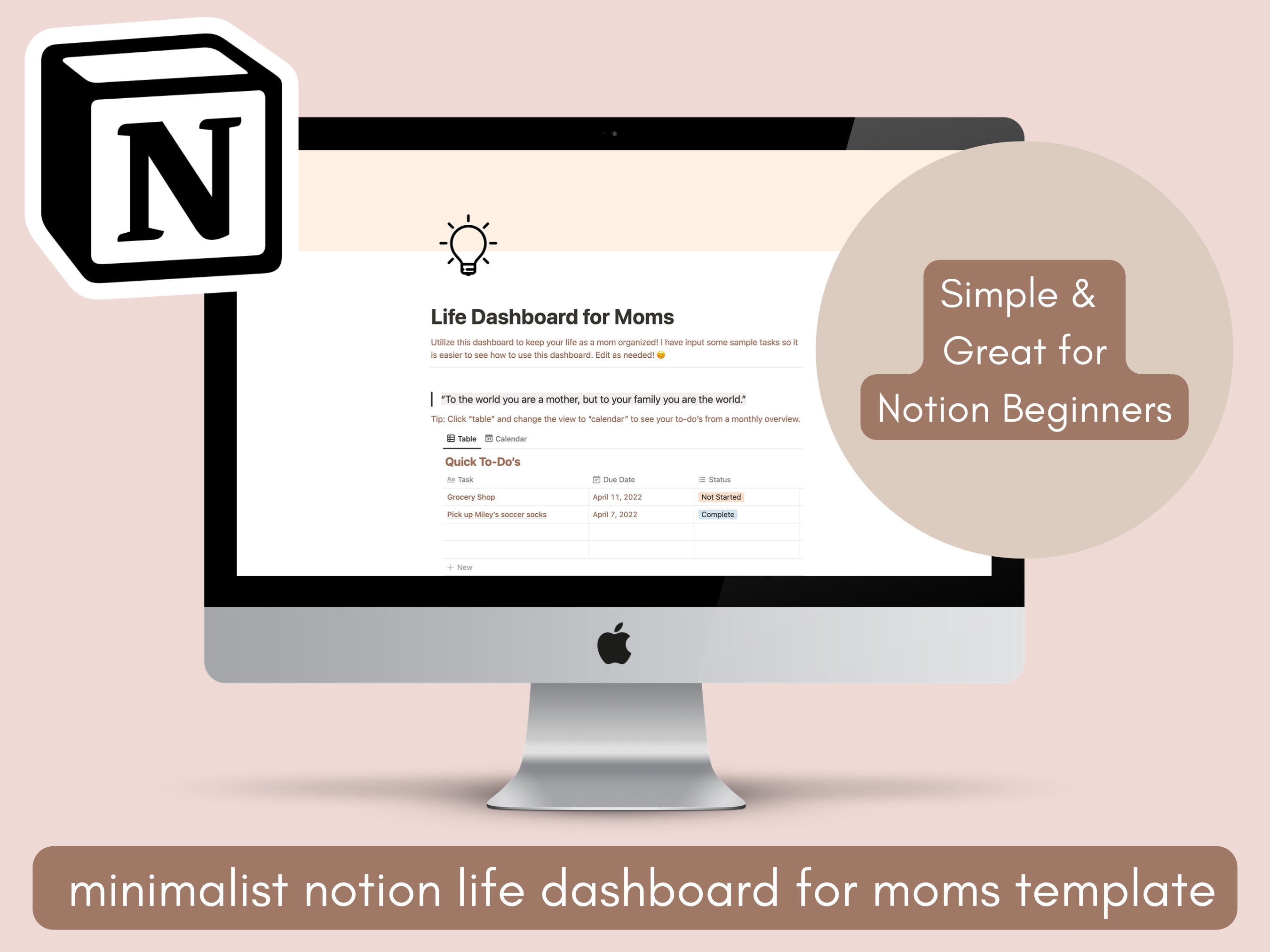 Minimalist Notion Life Dashboard for Moms, Planner for Moms, Digital ...