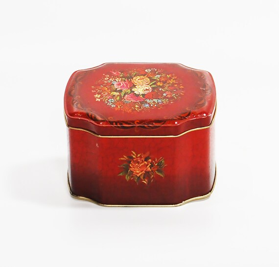 Red Metal Floral Tin Box With Hinged Lid - Etsy