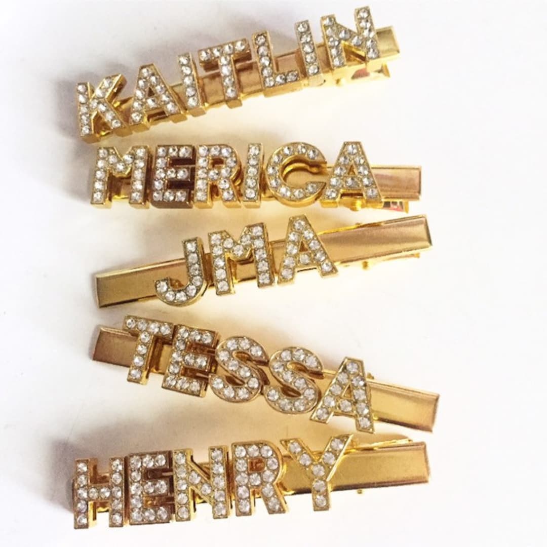 Personalised Gold Name Word Hair Clip Slide, Customised Diamanté ...