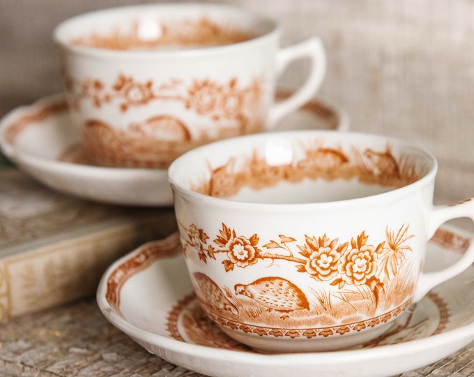 Two Furnivals Quail Tea Cups and Saucers - a Pair of 1921 Brown ...