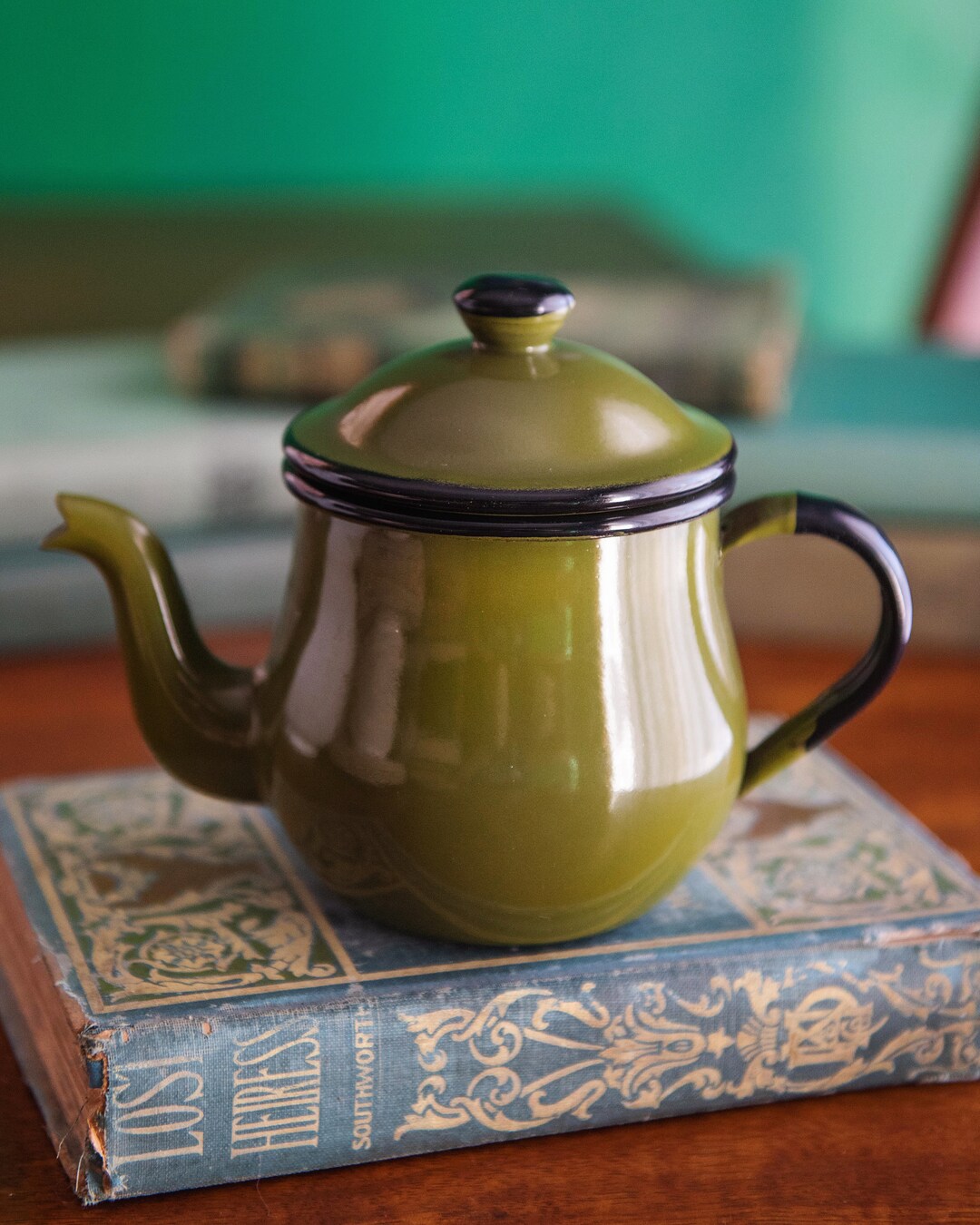 Mini Enamelware Teapot, Olive / Avacado Green With Black Trim; Vintage ...
