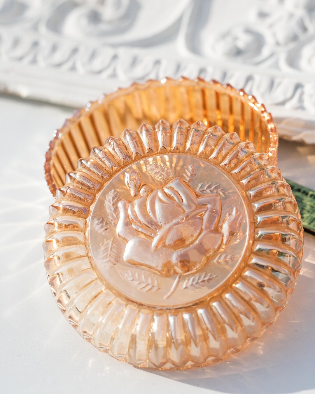 Vintage Jeanette Rose Powder Dish Amber / Carnival Glass - Etsy