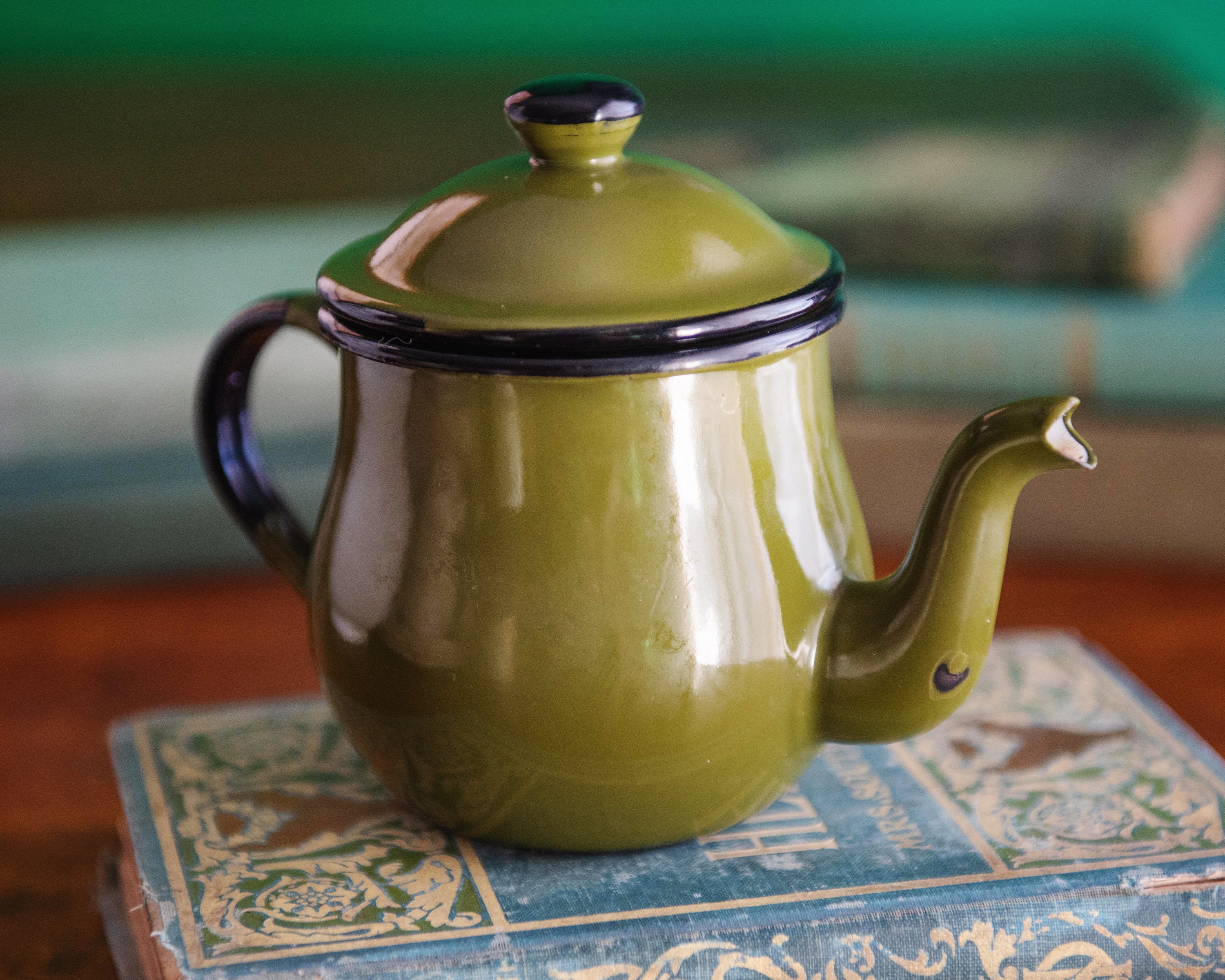 Mini Enamelware Teapot Olive / Avacado Green With Black Trim - Etsy