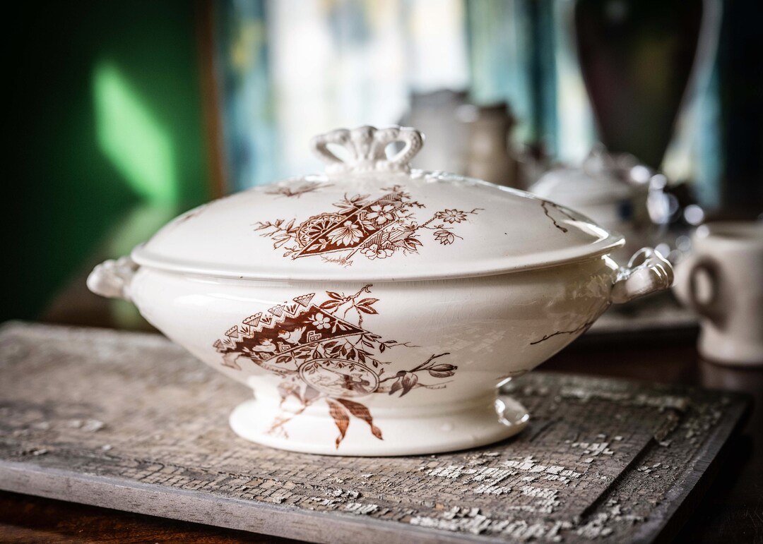 Aesthetic Movement White Ironstone Tureen; Victorian Brown Transferware ...