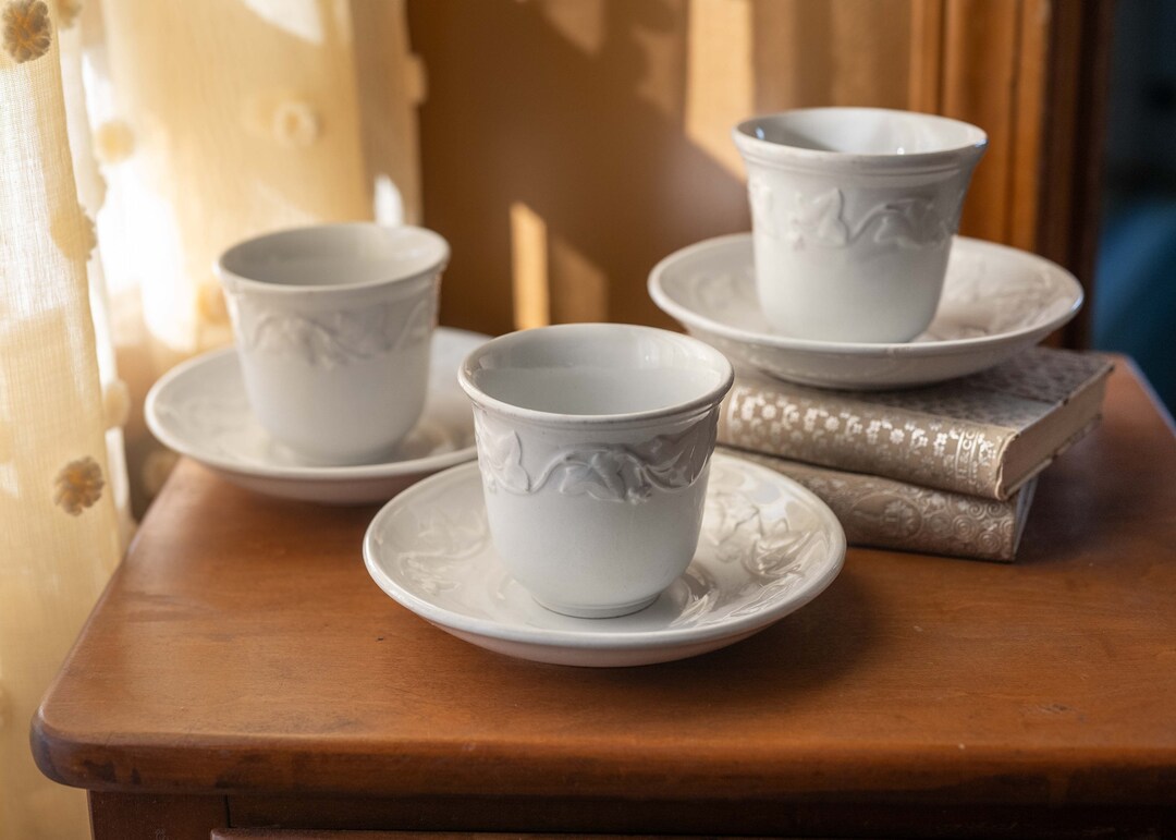 Trio of Ivy Wreath Motif Antique White Ironstone Handleless Cups and Matching Saucers, John Meir ...