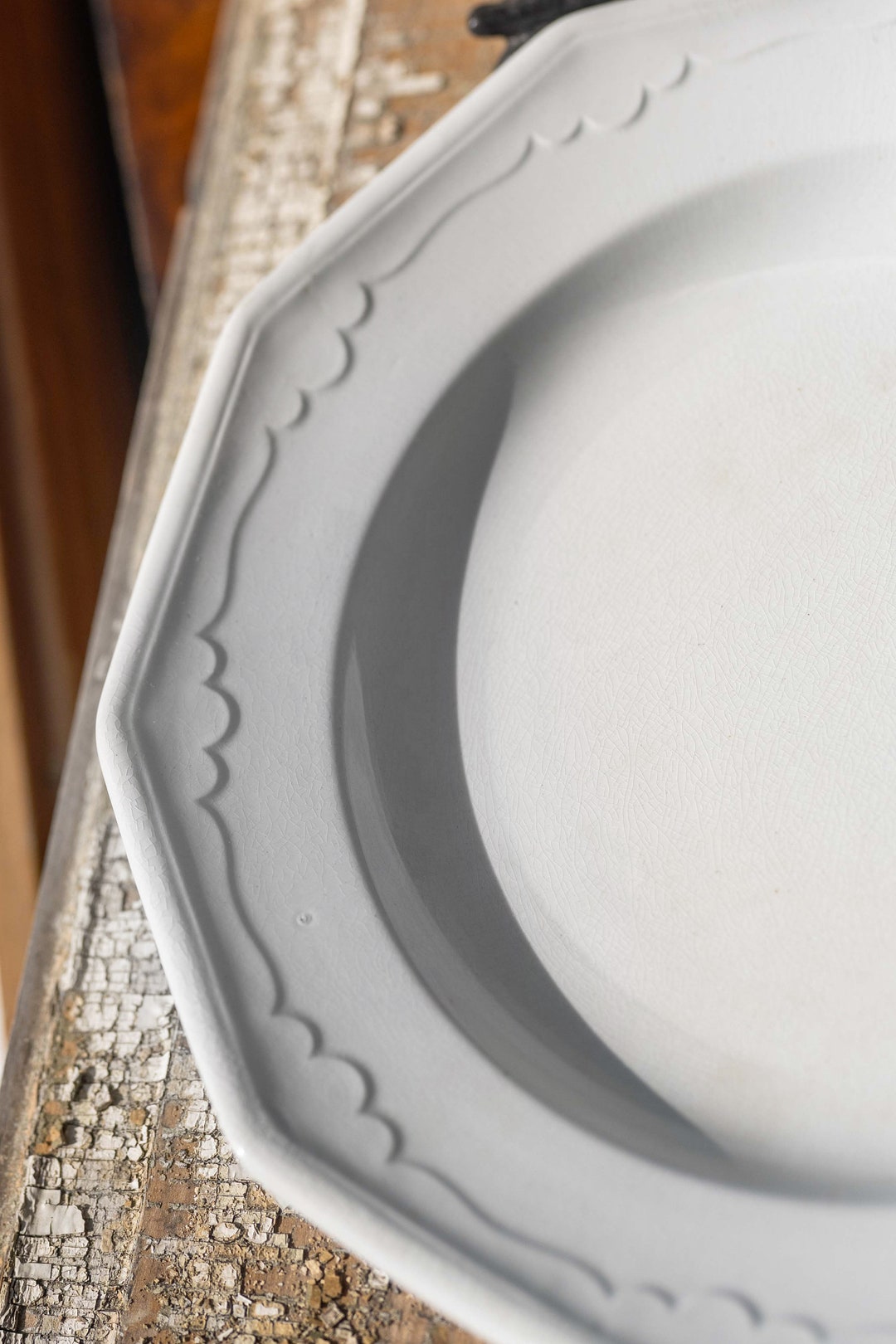 Heavy White Ironstone Dinner Plate, Scalloped Decagon Shape by ...