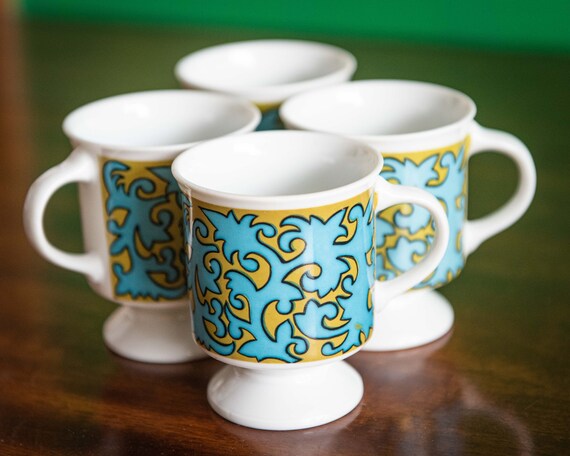 Four mid century coffee mugs mod pedestal cups with avocado | Etsy