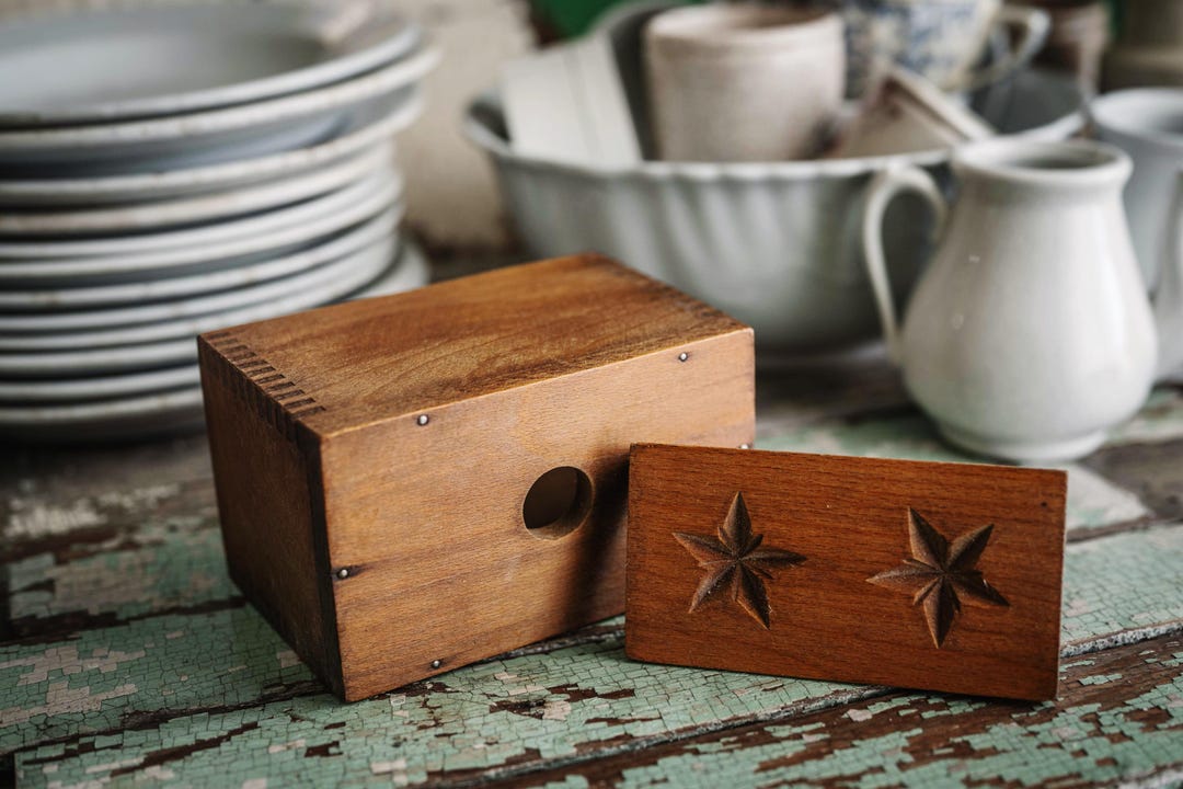 Primitive Wood Butter Mold Press, Antique Star Butter or Cookie Stamp ...