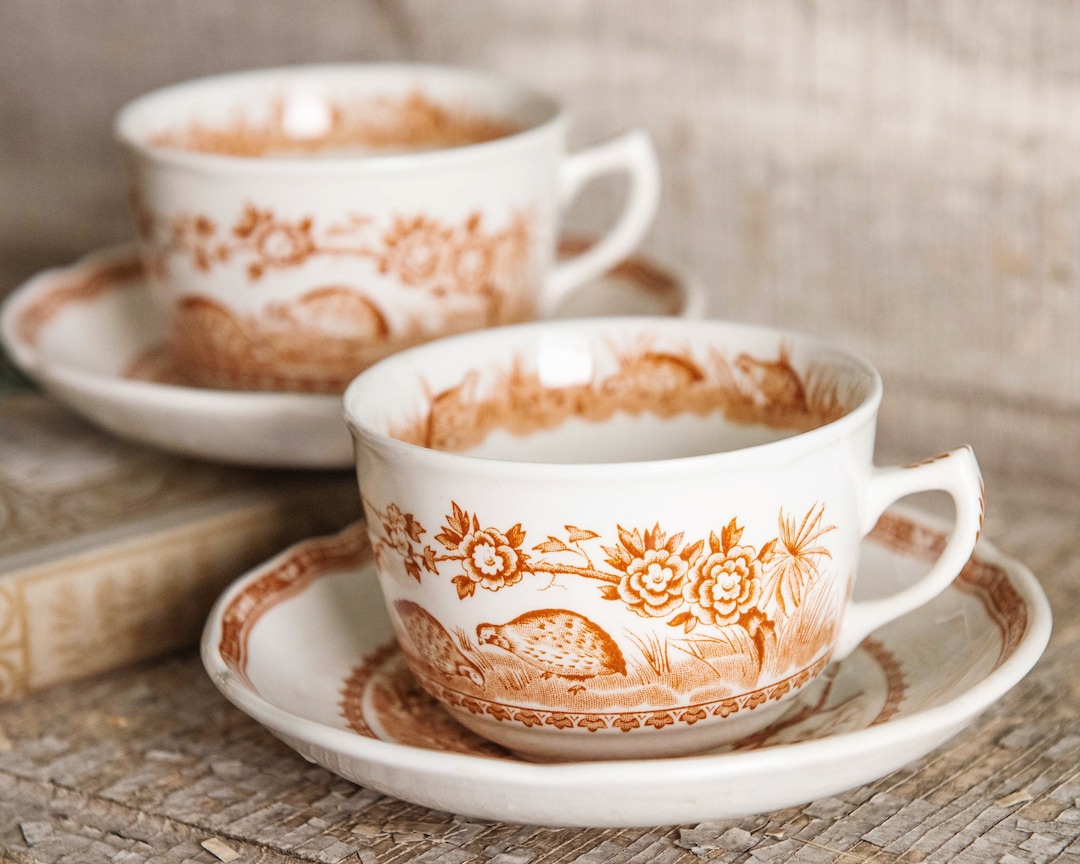 Two Furnivals Quail Tea Cups and Saucers - a Pair of 1921 Brown ...