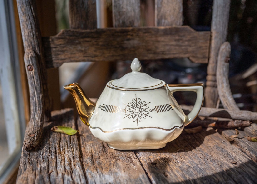 Gold and Cream Teapot, Antique Hall Pottery Hollywood Regency Style ...