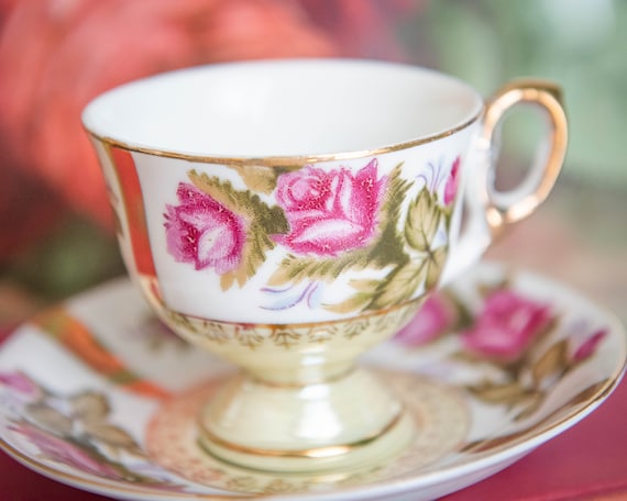 Moss Rose Teacup Mid Century Elegent Cup With Gold and Blue | Etsy