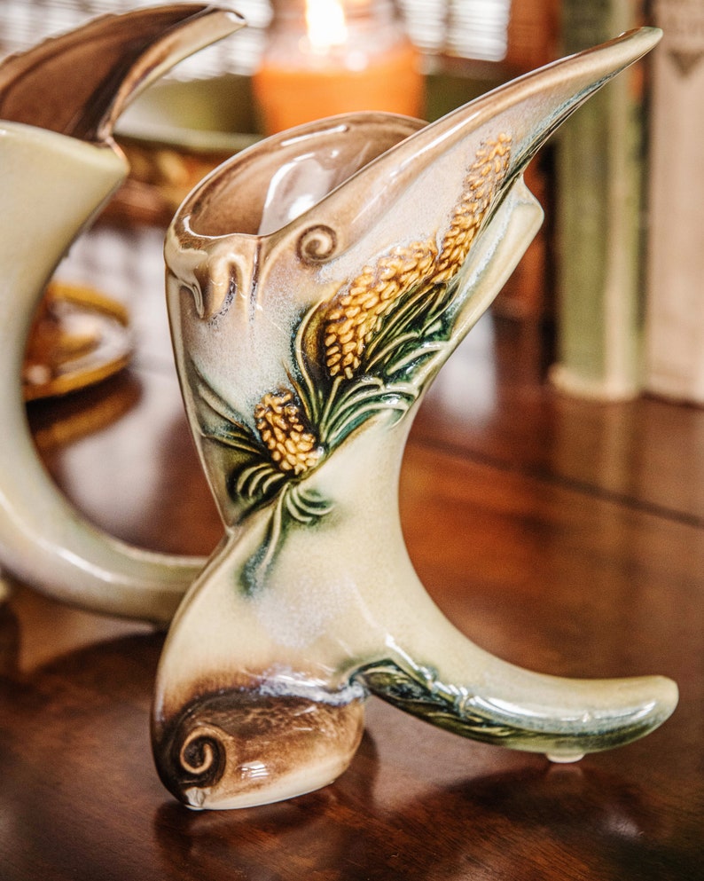 Hull Pottery "parchment and Pine" Cornucopia Vase; Harvest Design With ...