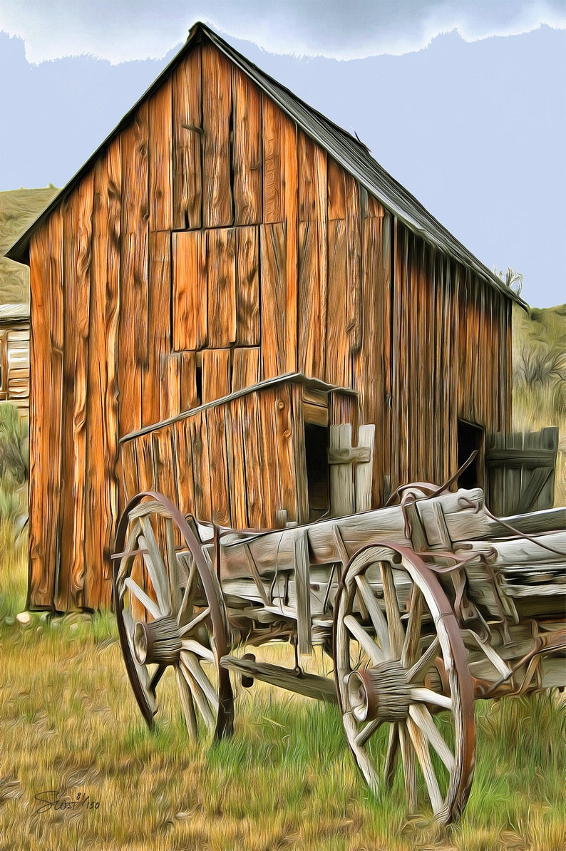 Old West Livery Barn and Wagon Wheels Fine Art Wall Décor for Home ...