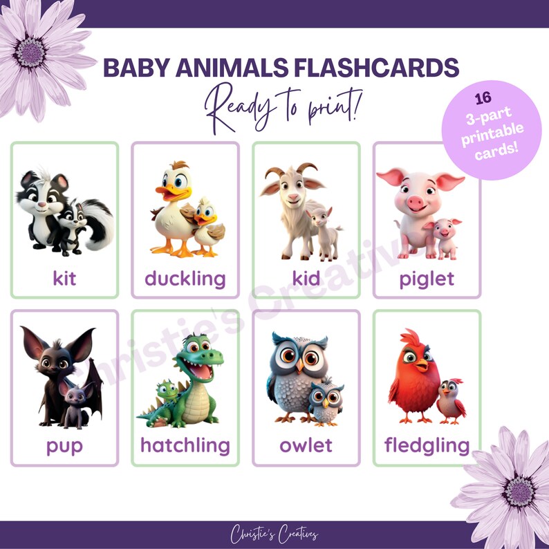 Set of 16 Adult & Baby Animals Flashcards 3-part Nomenclature ...