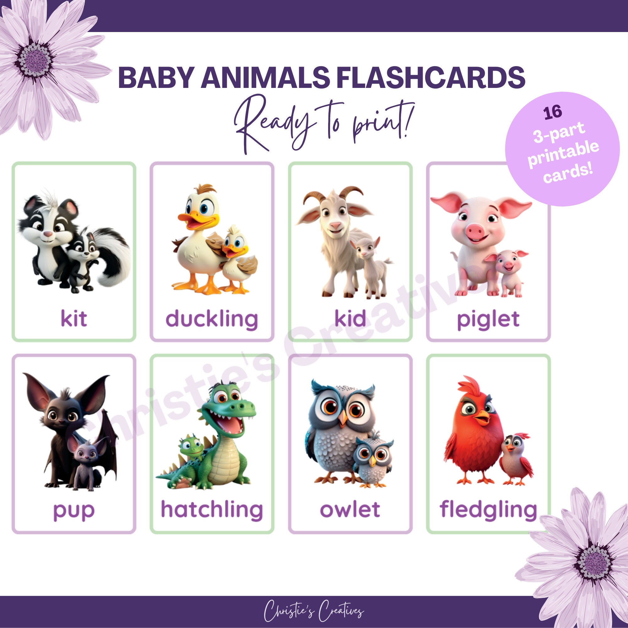 Set of 16 Adult & Baby Animals Flashcards 3-part Nomenclature ...