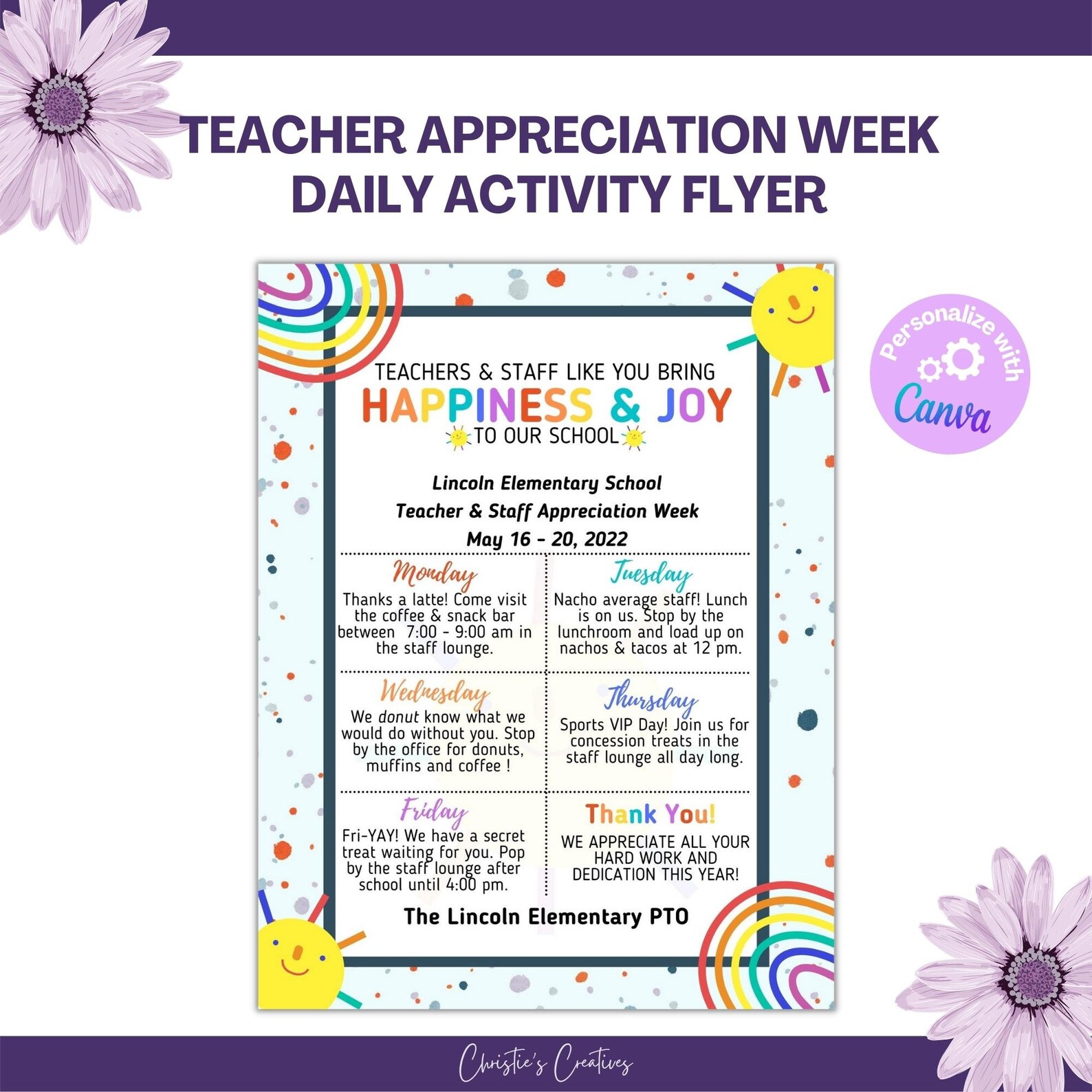 Teacher Appreciation Week Daily Activity Flyer | Rainbow Happiness and ...