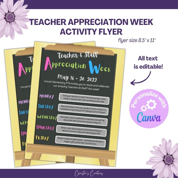 Teacher Appreciation Week Daily Activity Itinerary Flyer | Etsy