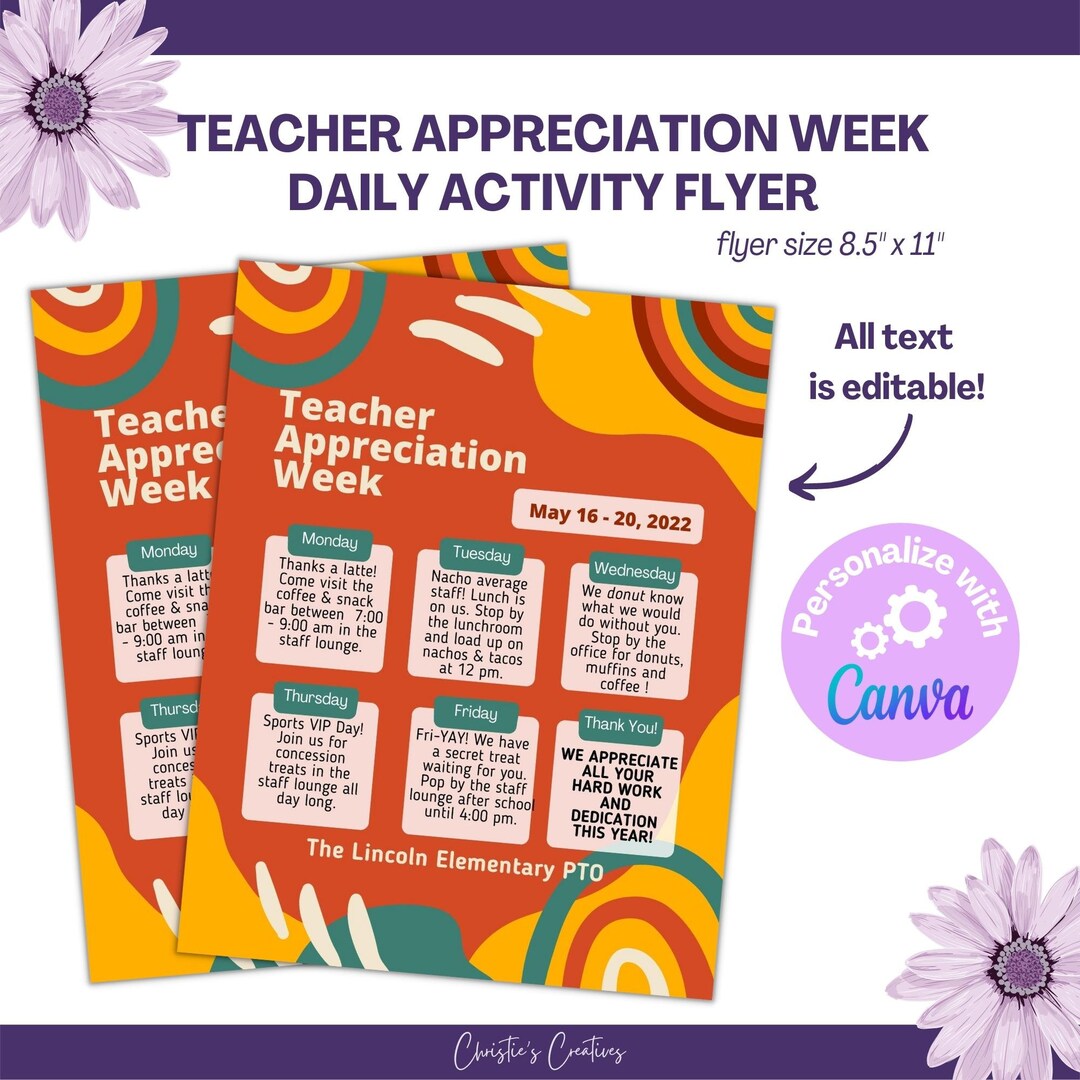 Teacher Appreciation Week Daily Activity Flyer | Orange Teal and Yellow ...