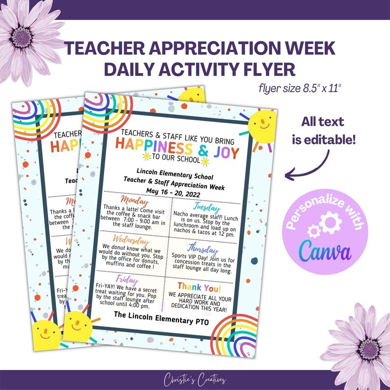 Teacher Appreciation Week Daily Activity Flyer | Rainbow Happiness and ...