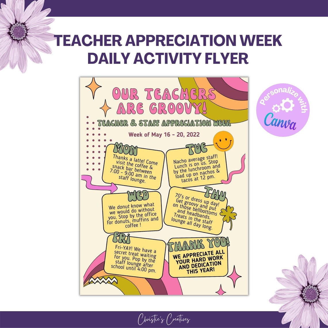 Teacher Appreciation Week Daily Activity Itinerary Flyer | Groovy Retro ...