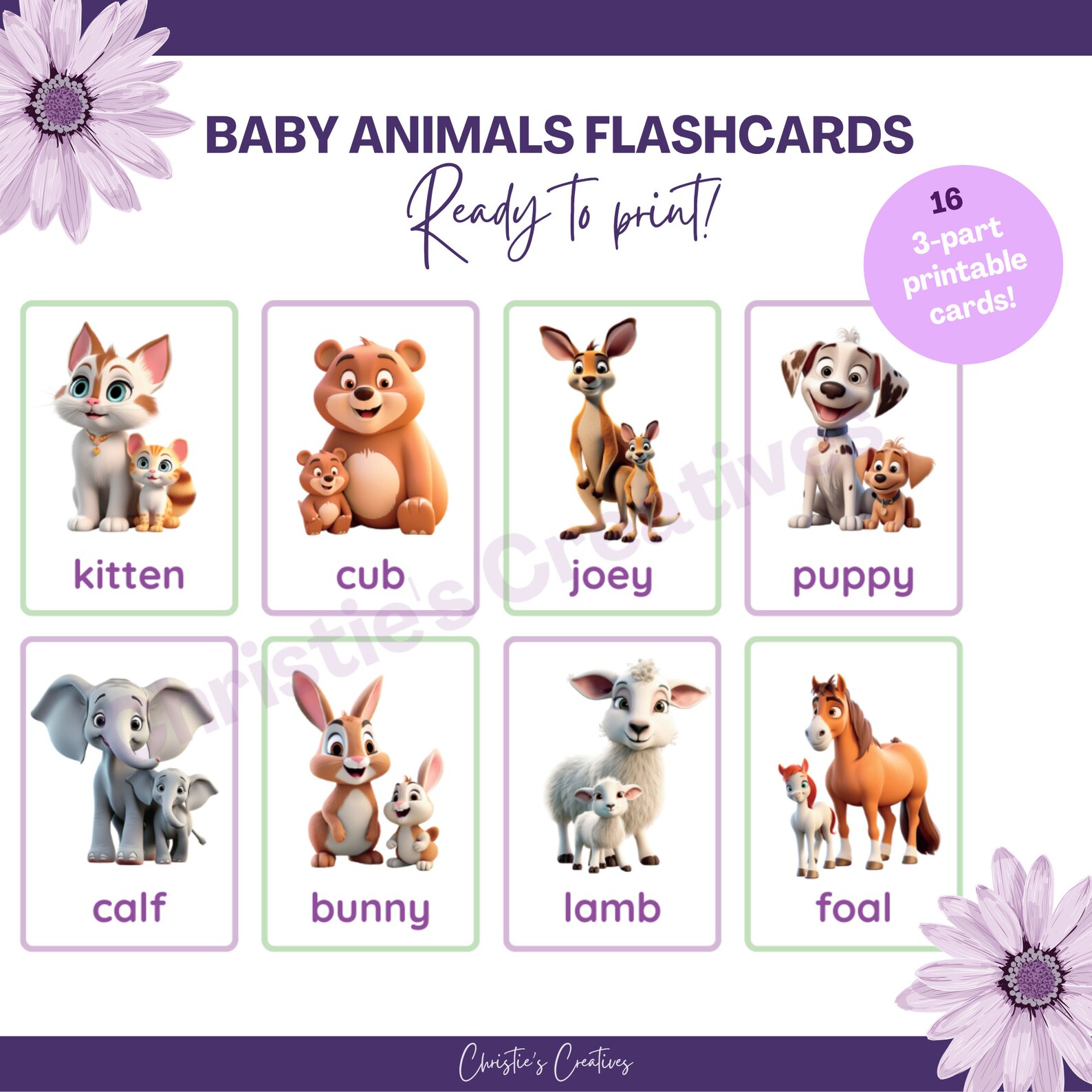 Set of 16 Adult & Baby Animals Flashcards 3-part Nomenclature ...