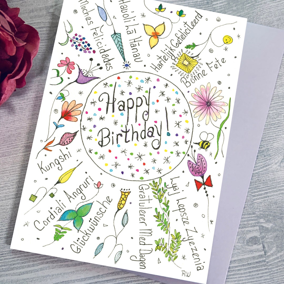 Happy Birthday in Many Languages . 673 .watercolor Card High Quality ...