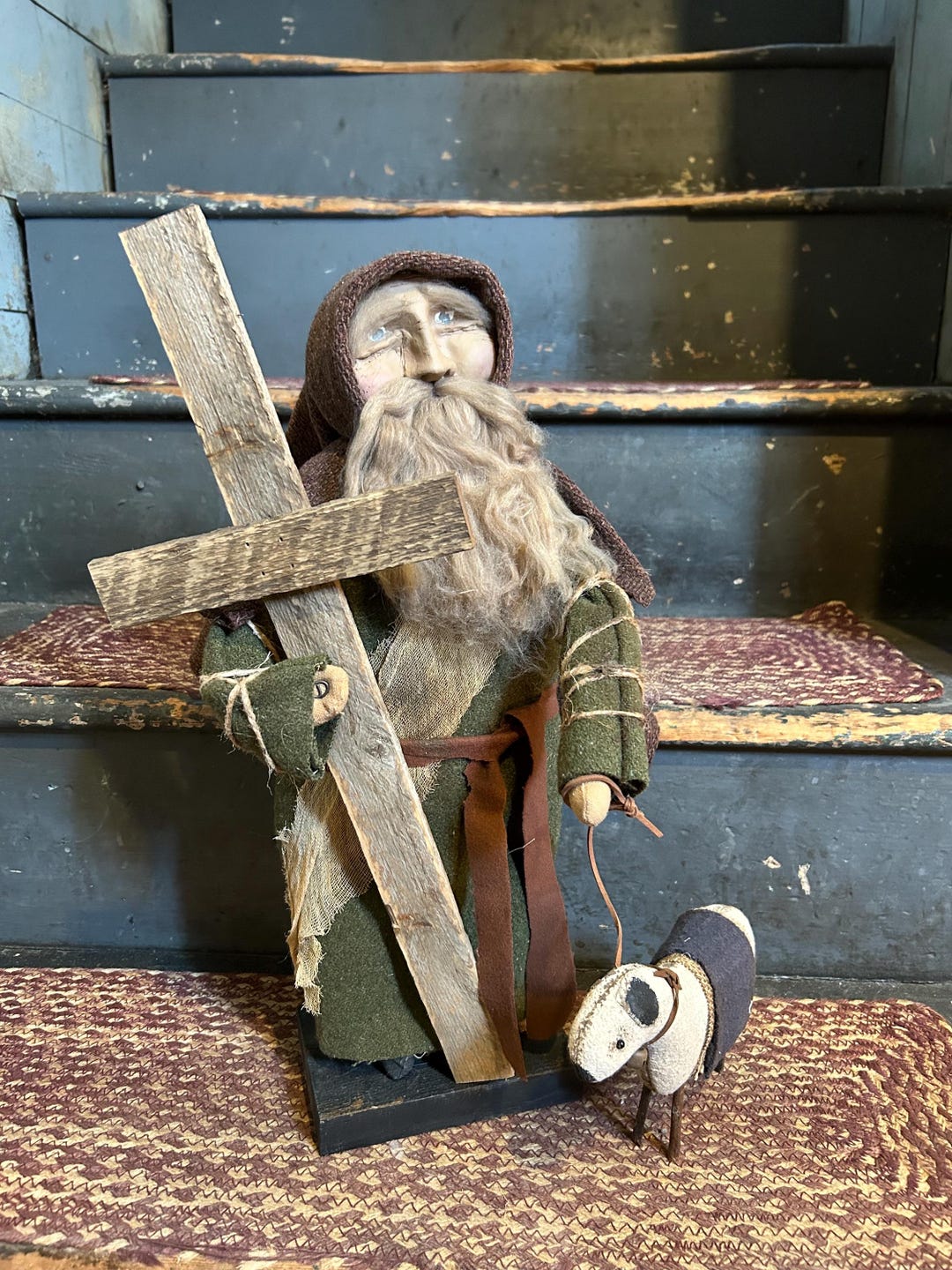 Handmade Primitive Clay Face Shepherd Holding a Cross With Primitive ...
