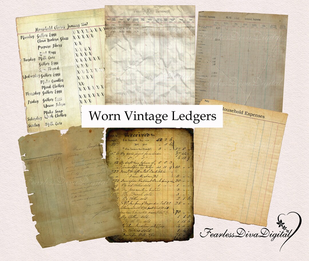 PRINTABLE Digital Vintage Ledgers Paper Pack 11x8.5" 300 Dpi Instant ...