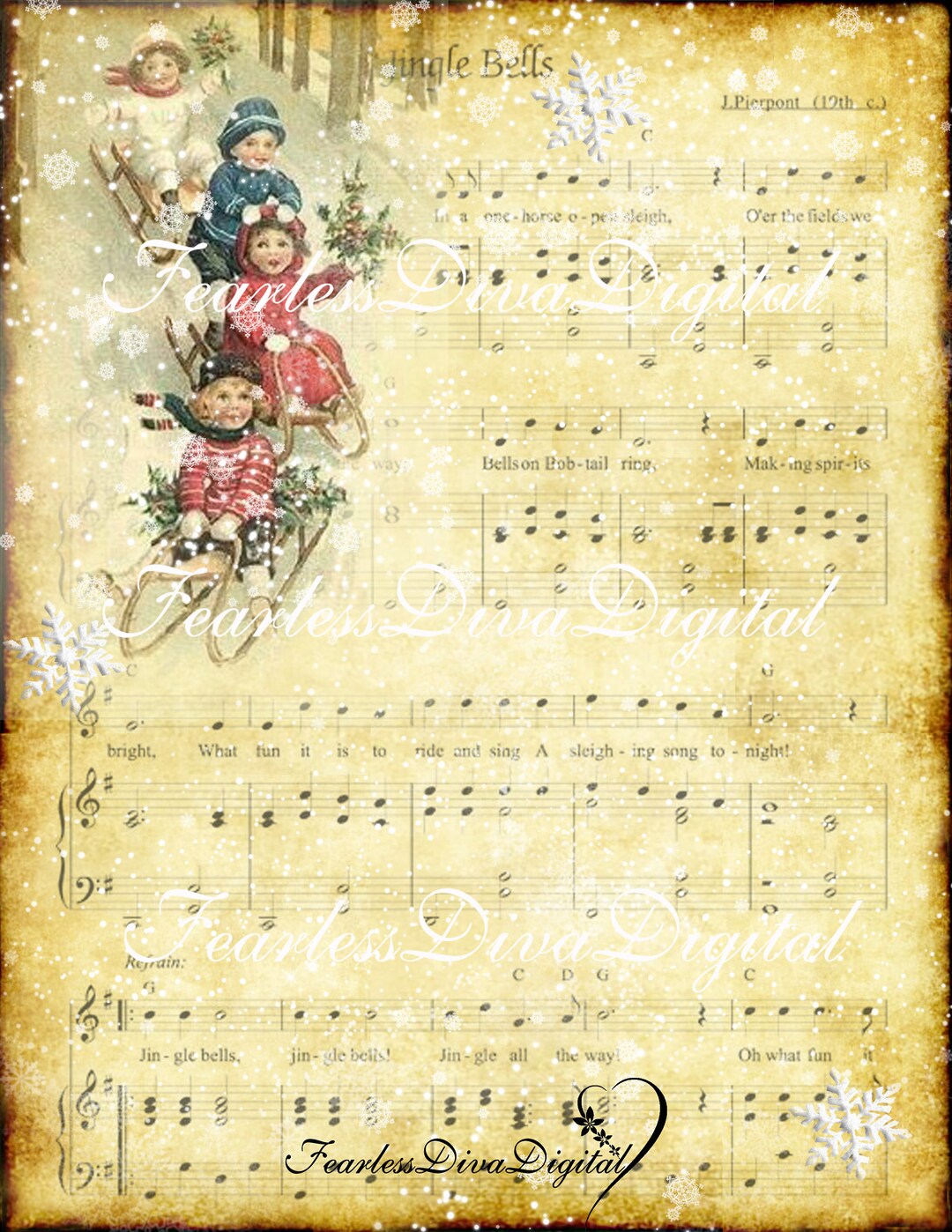 PRINTABLE Digital Vintage Jingle Bells Christmas Scrapbook Paper ...